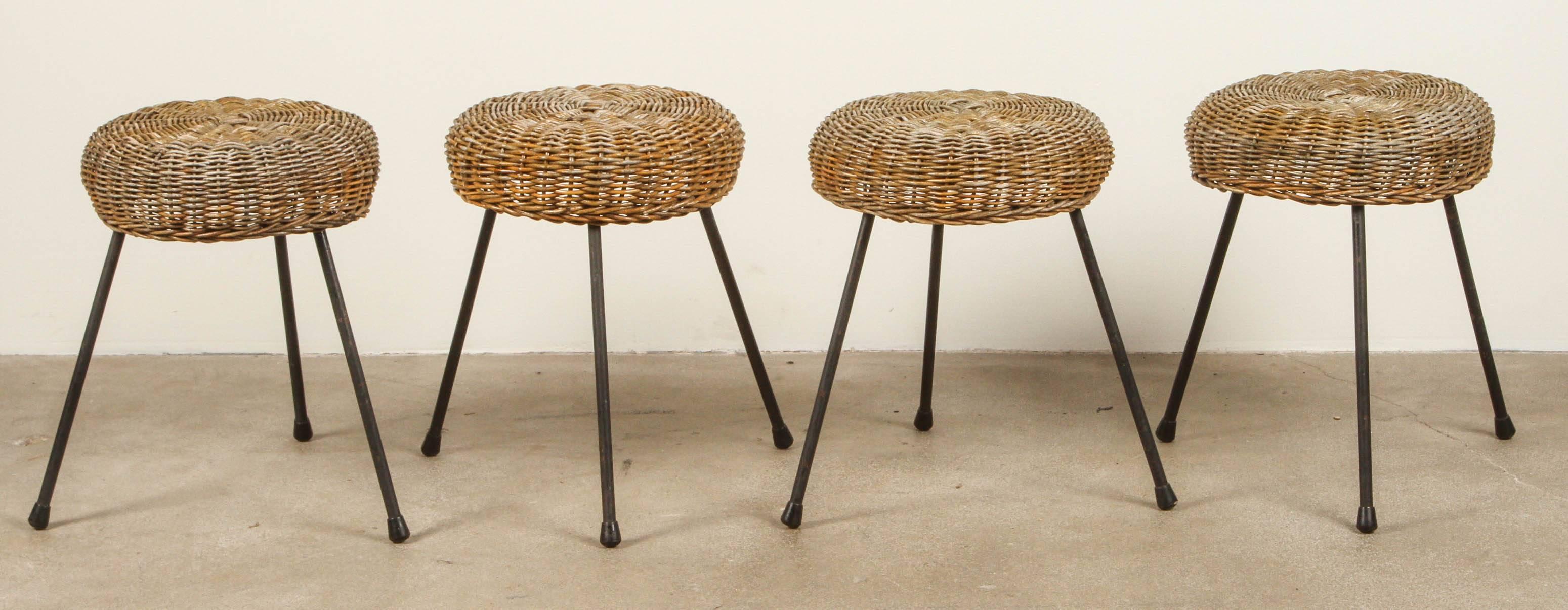 Wicker and Iron Three Legged Stool at 1stDibs