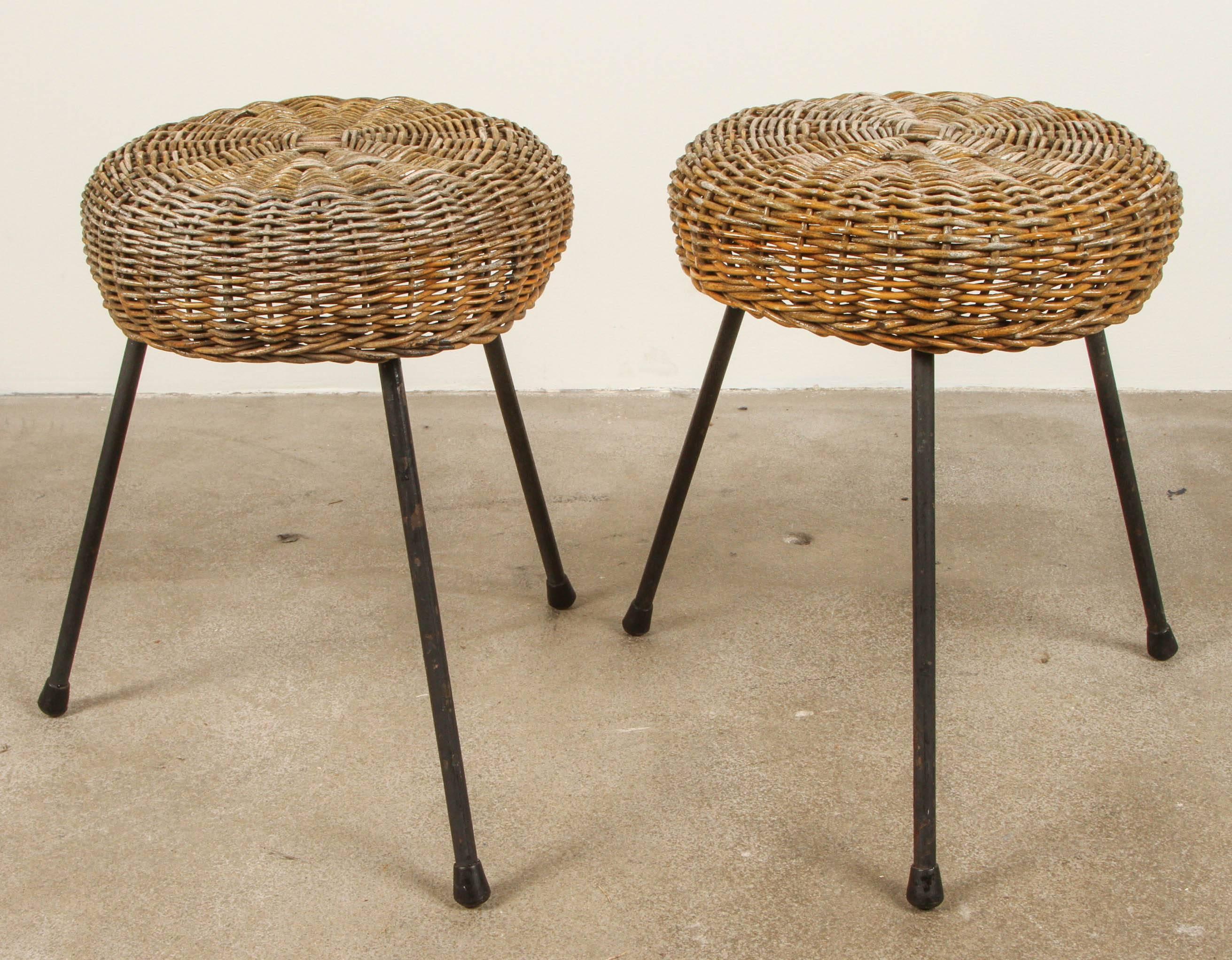 Wicker and Iron Three Legged Stool at 1stDibs