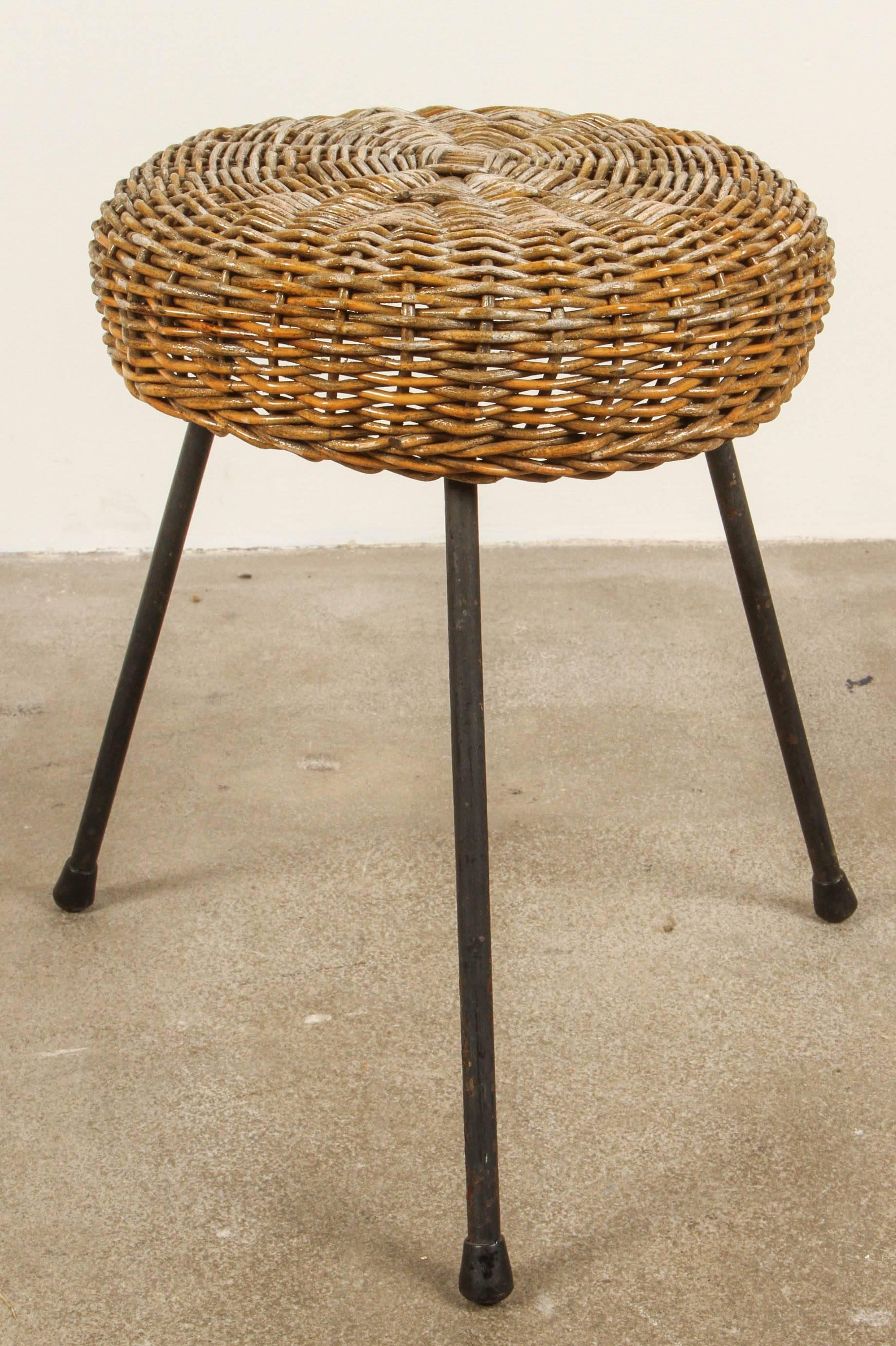 Wicker and Iron Three Legged Stool at 1stDibs
