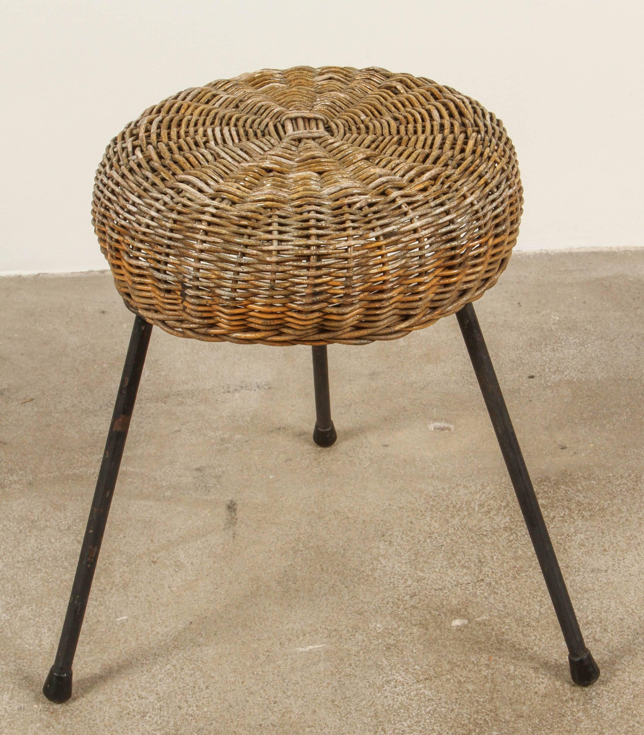 Wicker and Iron Three Legged Stool at 1stDibs