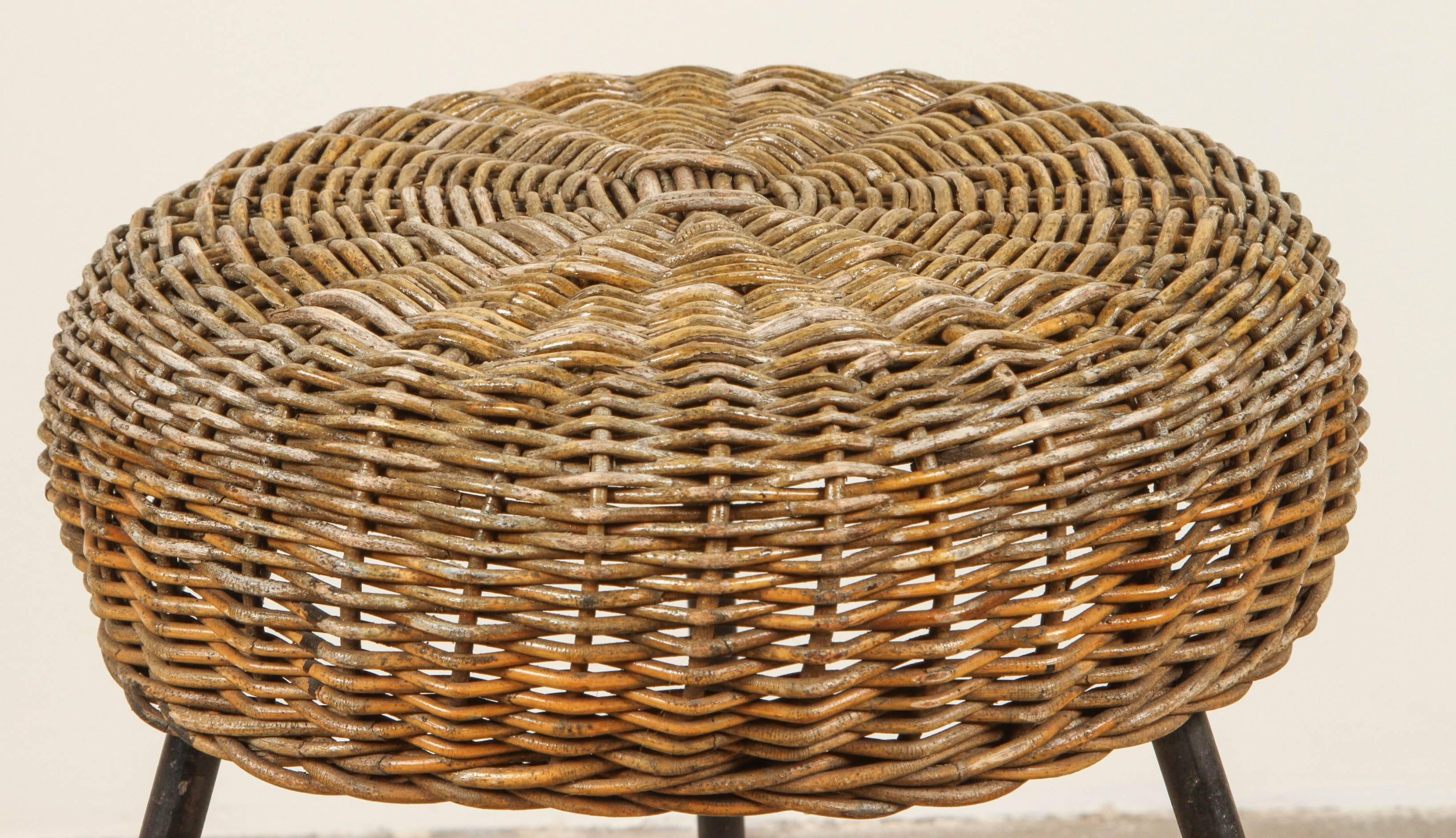Wicker and Iron Three Legged Stool at 1stDibs