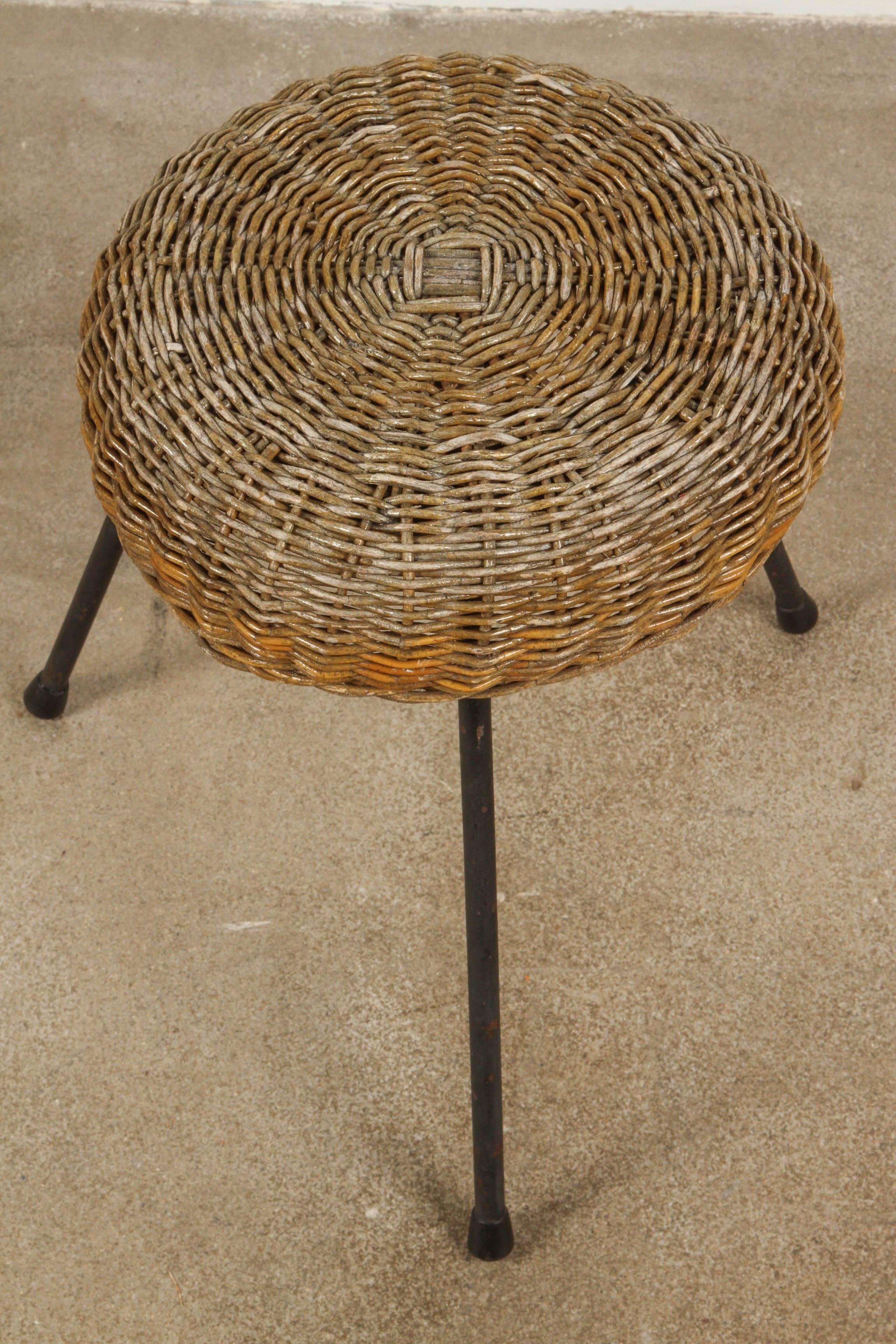 Wicker and Iron Three Legged Stool at 1stDibs