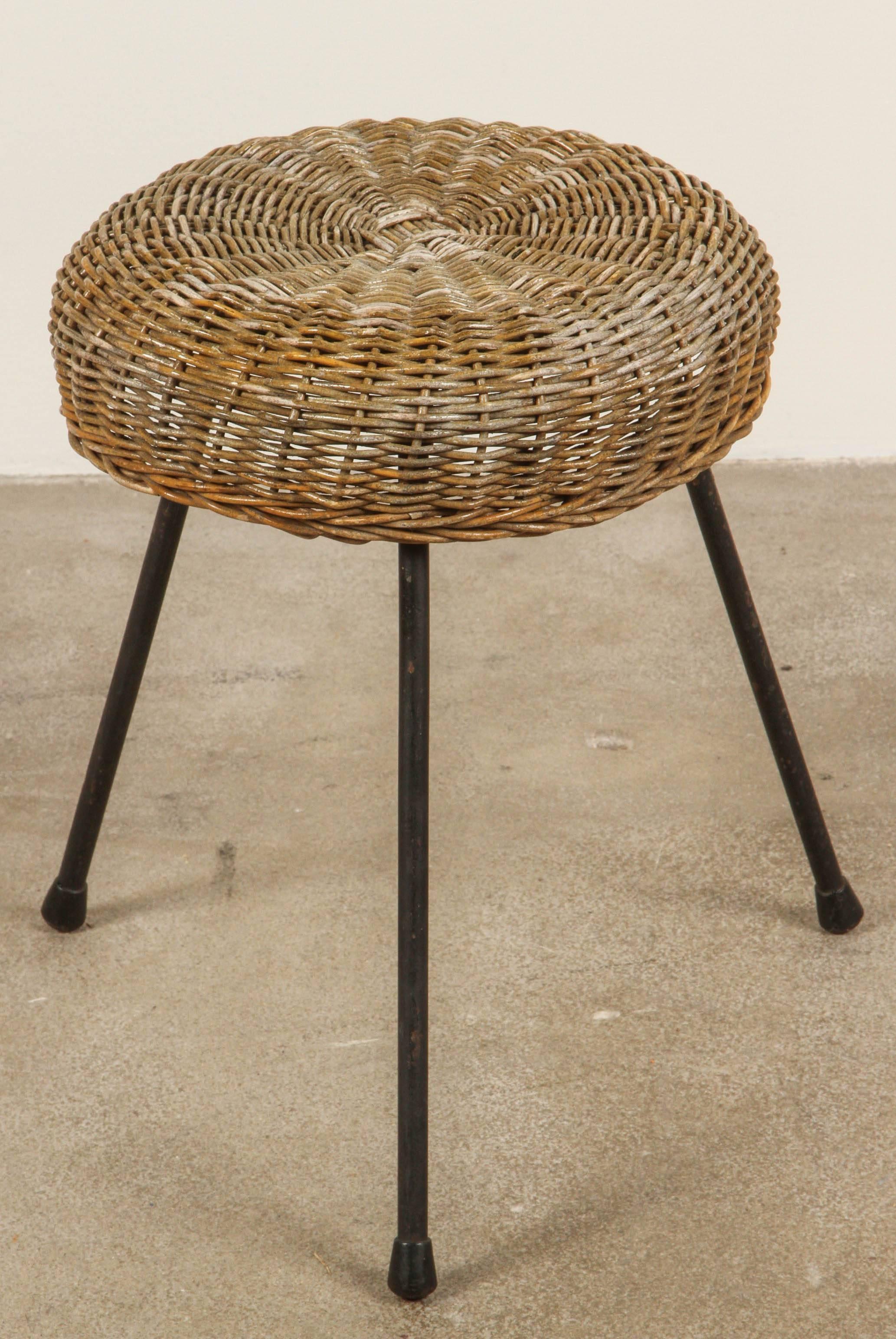 Wicker and Iron Three Legged Stool at 1stDibs
