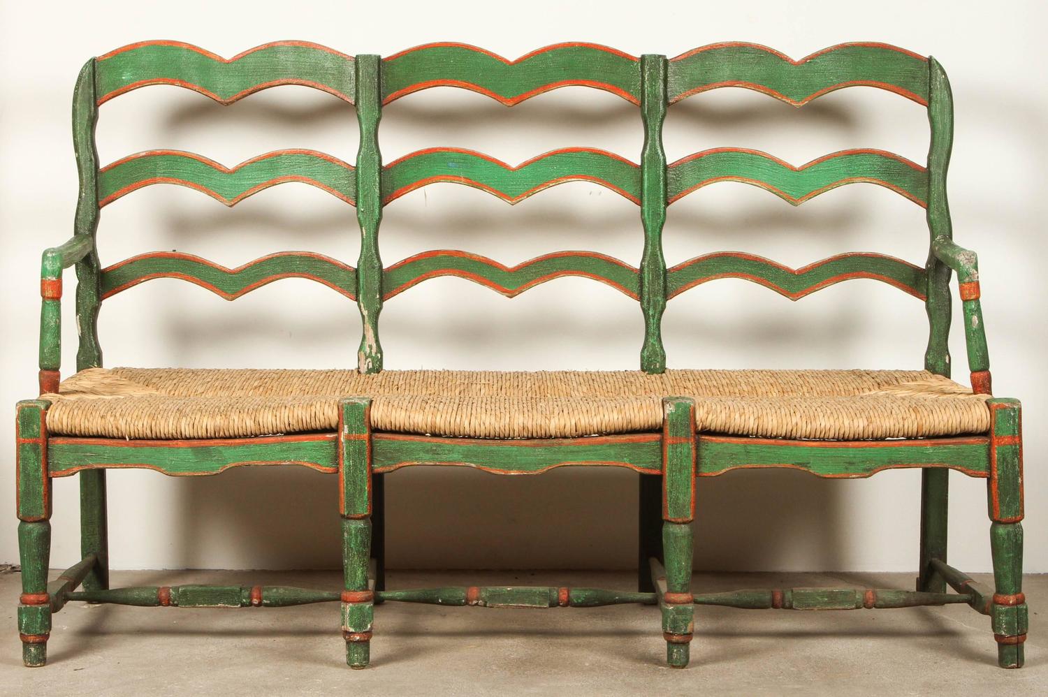 Green and Red Painted Mexican Bench with Rush Seat For Sale at 1stdibs