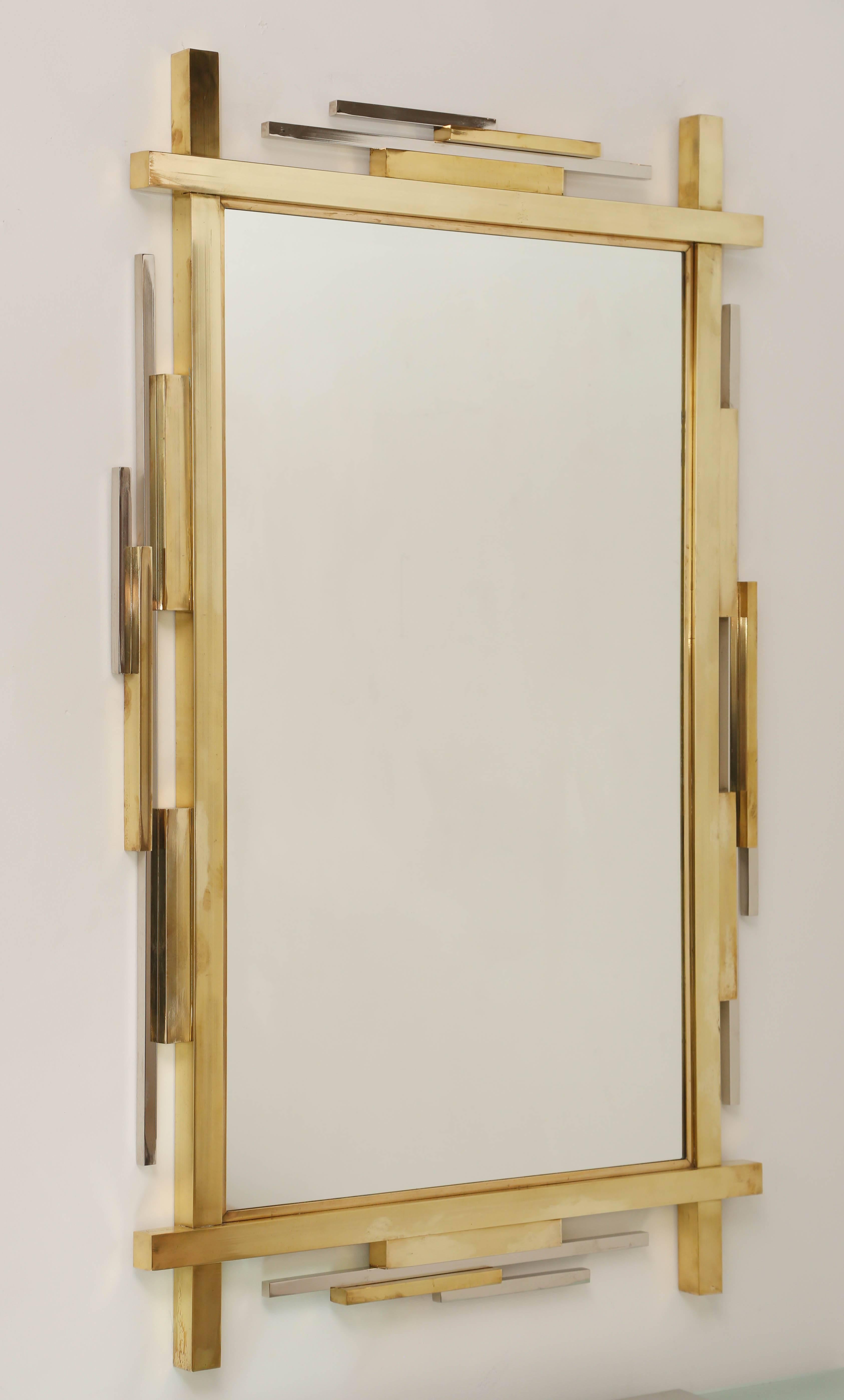Italian Rectangular Mirror Polished Brass and Nickel at 1stDibs