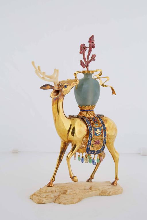 Chinese 18-karat Solid Gold Enamel and Precious Stone Deer with Jade at ...