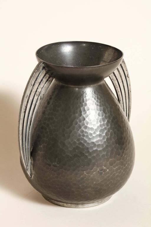 Rene Delavan French Art Deco Pewter Dinanderie Vase For Sale at 1stDibs
