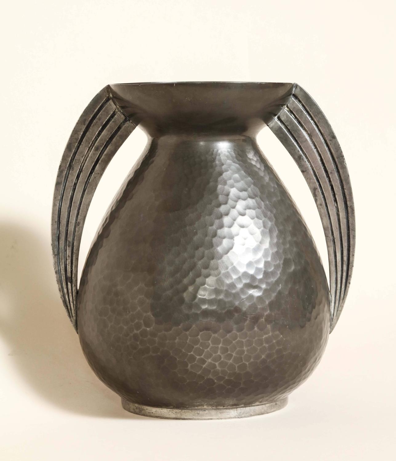 Rene Delavan French Art Deco Pewter Dinanderie Vase For Sale at 1stdibs