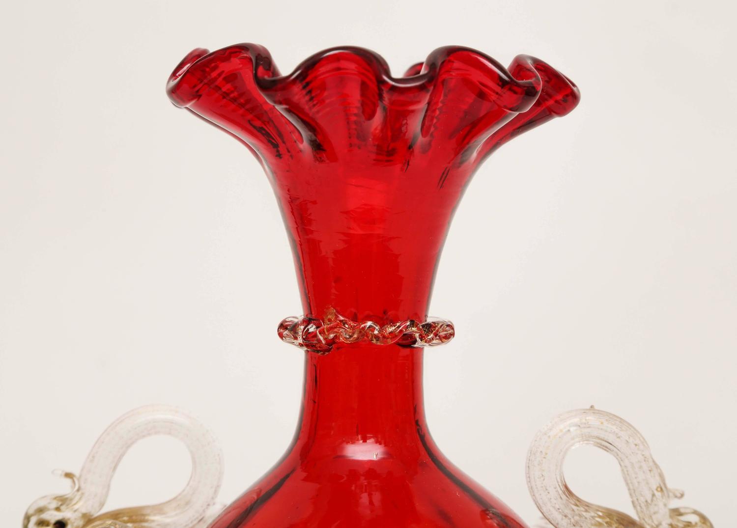 Stunning Red Venetian Vase with Double Swan Handles, 24-Karat Gold ...