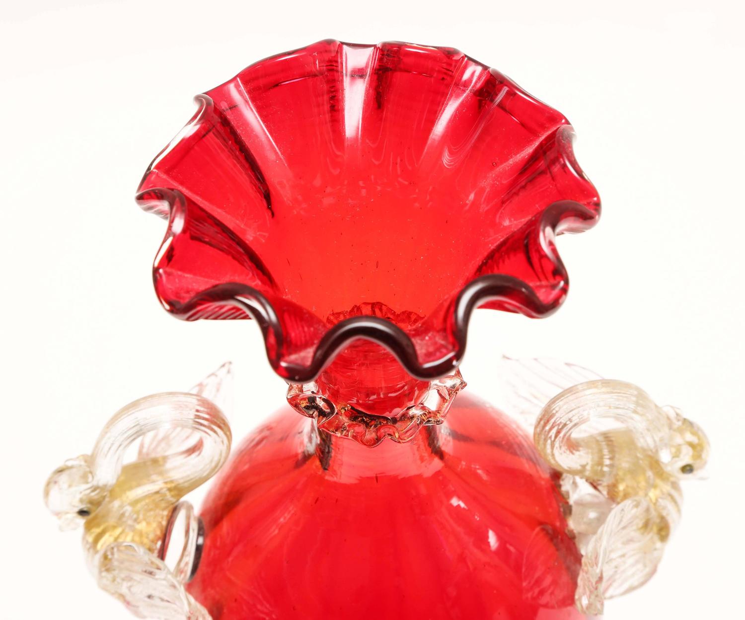 Stunning Red Venetian Vase with Double Swan Handles, 24-Karat Gold ...