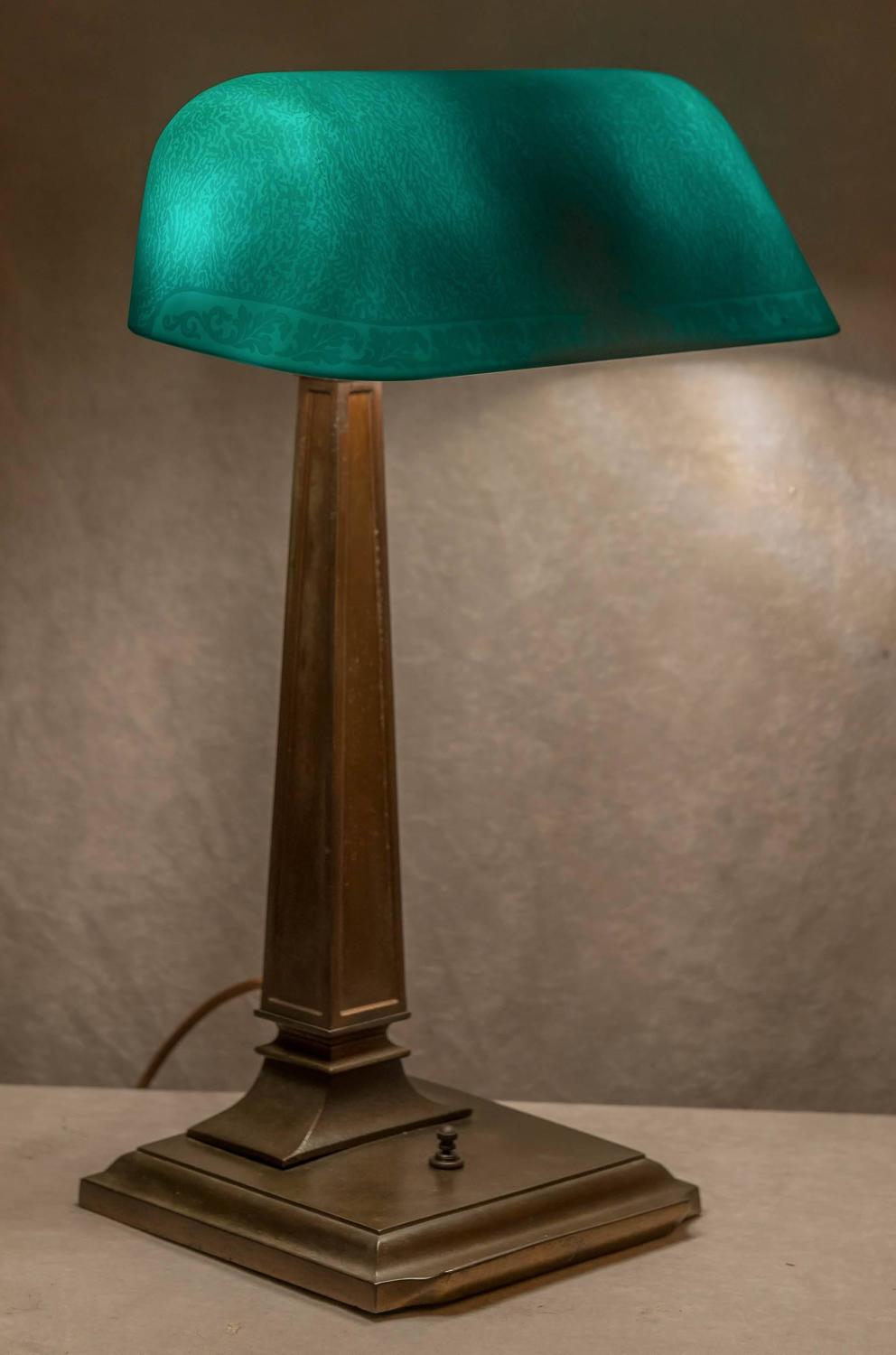 Signed Emeralite Lamp Banker's Lamp with Oversized Bellova Etched Shade ...