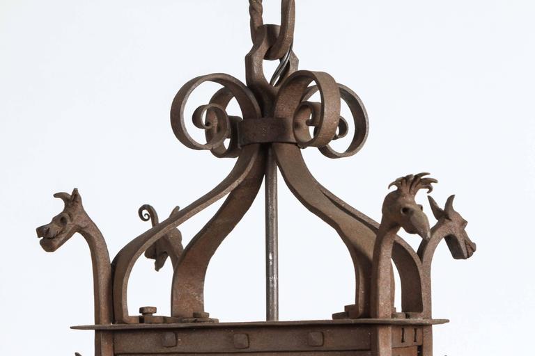 1920s Hand-Wrought Gothic Lantern with Four Dragon Heads with Milk ...