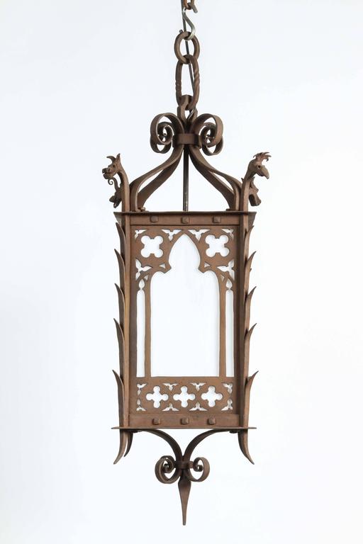 1920s Hand-Wrought Gothic Lantern with Four Dragon Heads with Milk ...