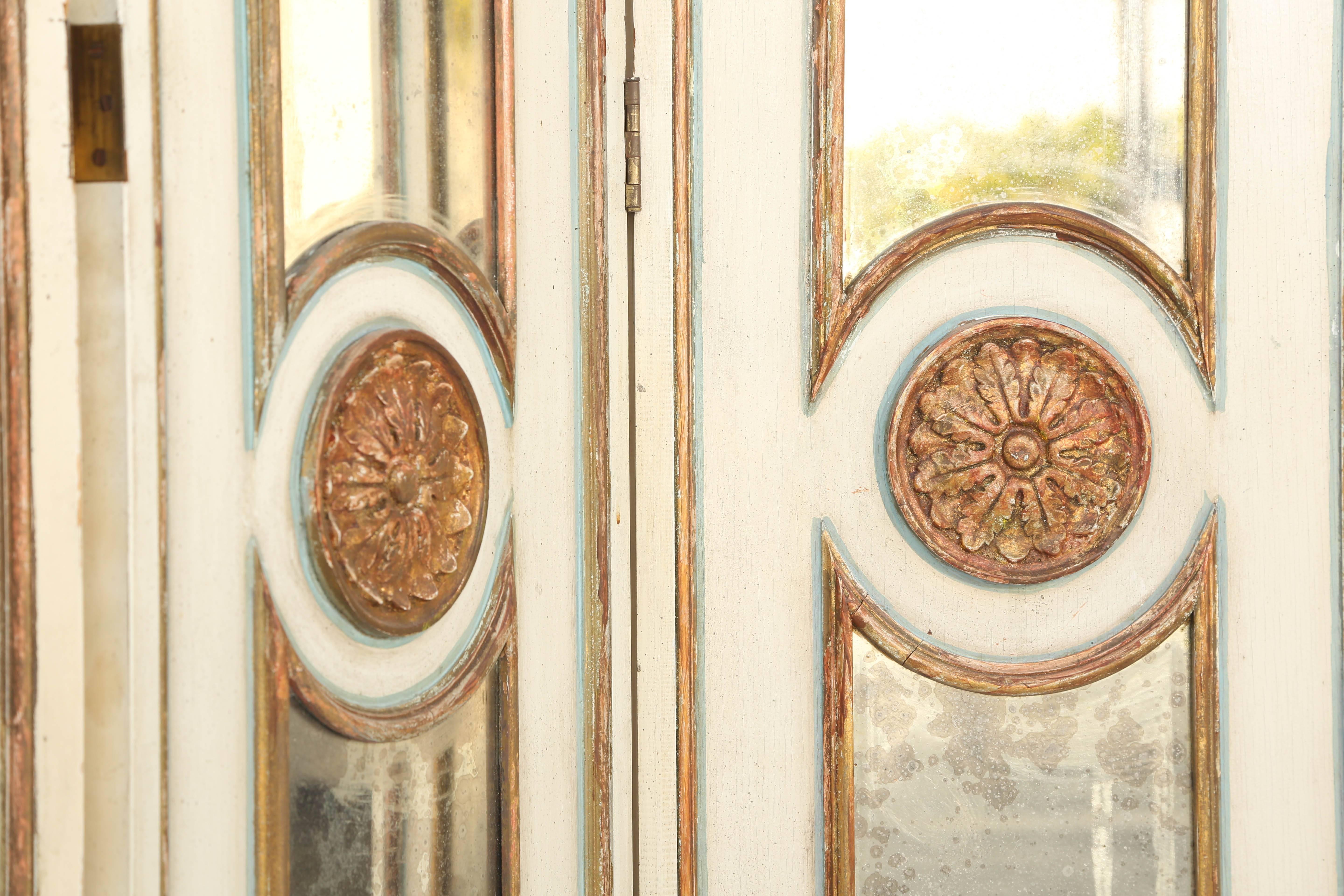 Four-Panel, Painted and Parcel Gilt Folding Screen Inset with Mirrored ...