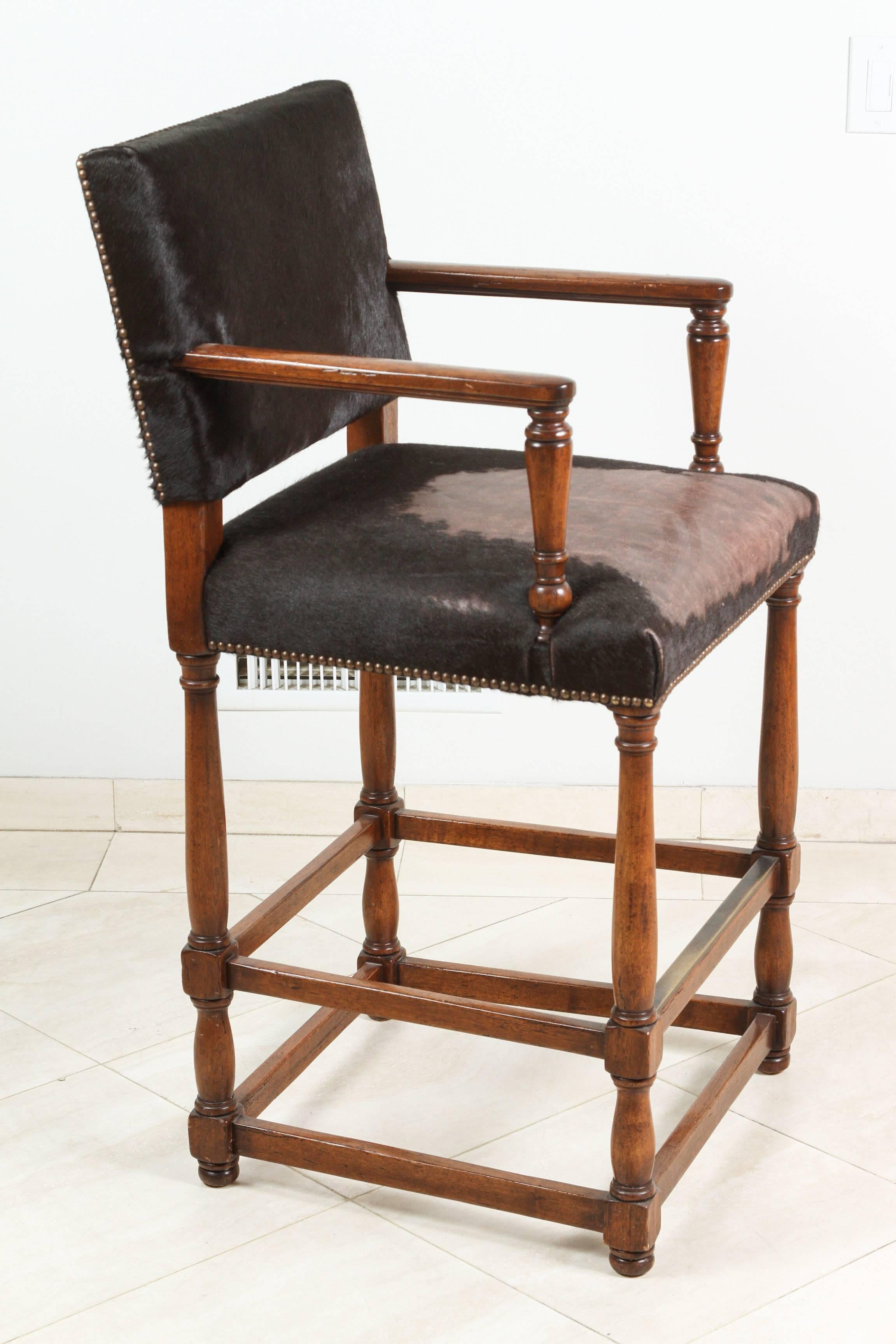 Set of Five Large Wooden Bar Stools in Black Hide Leather at 1stDibs