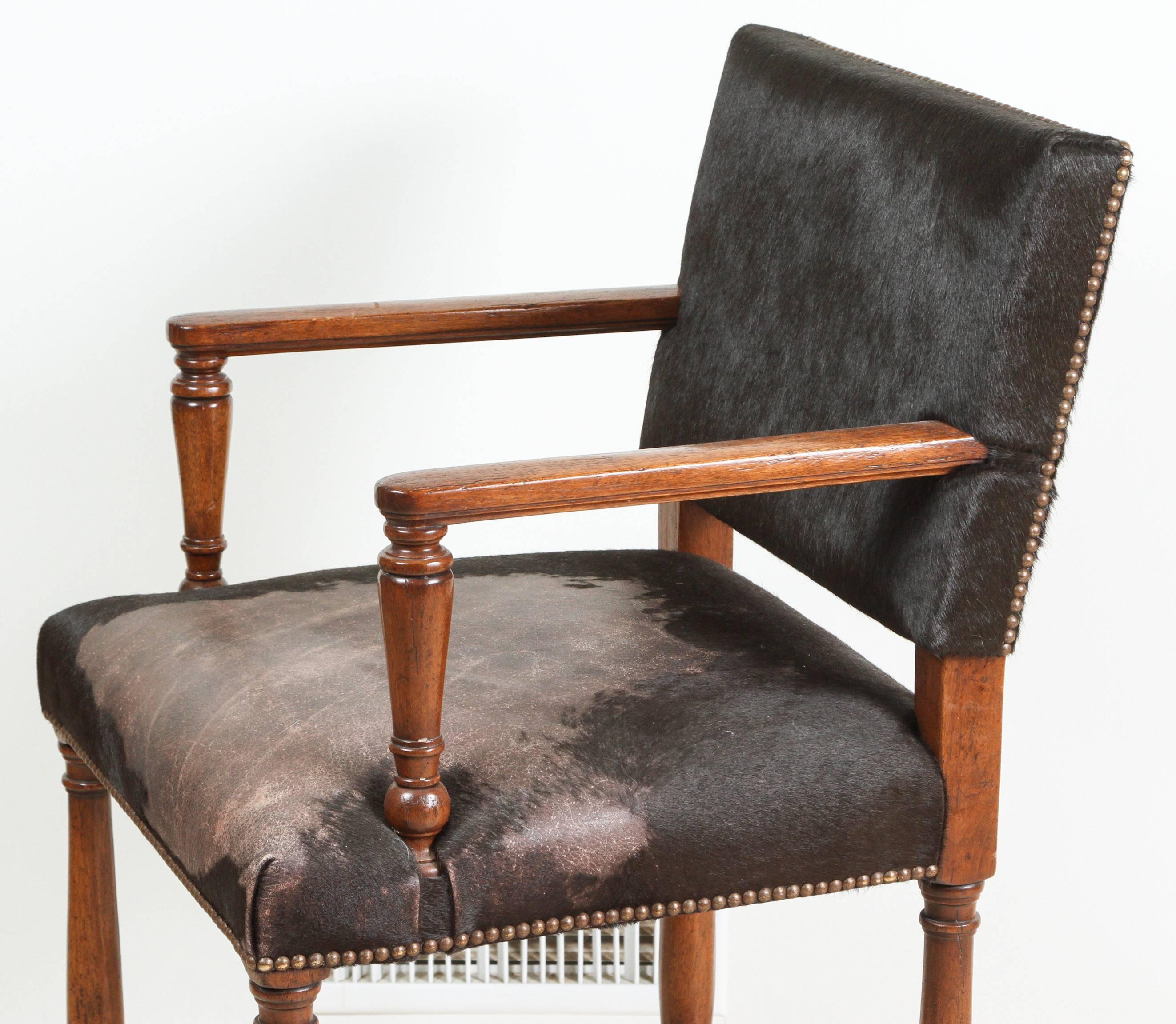 Set of Five Large Wooden Bar Stools in Black Hide Leather at 1stDibs
