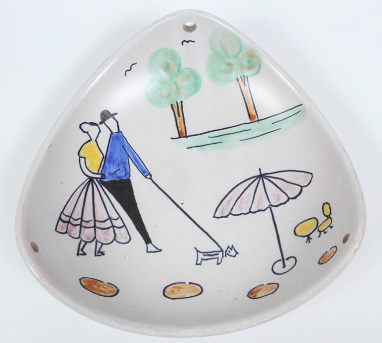 Vintage German Hand-Painted Triangular Hanging Plate For Sale at 1stDibs