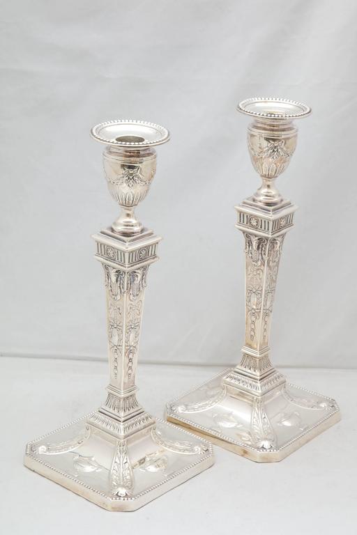 Tall Pair of Edwardian Sterling Silver Adam Style Candlesticks at 1stDibs