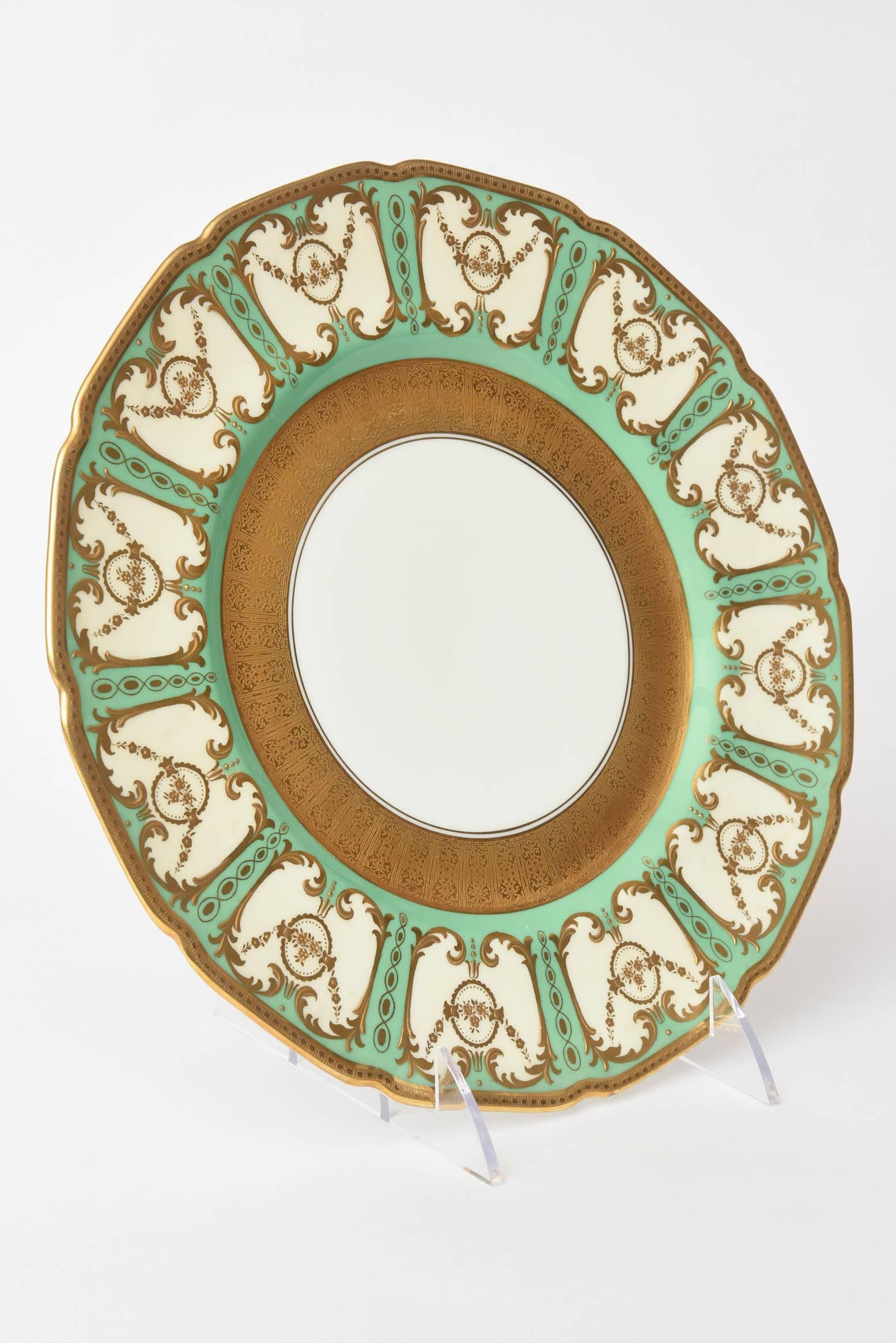 12 Stunning Green and Elaborately Gilded Dinner or Presentation Plates ...