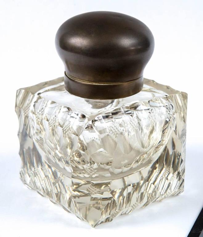 Antique 1890 Large American Cut Crystal Inkwell with Metal Collar/Glass ...