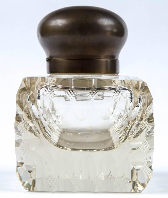 Antique 1890 Large American Cut Crystal Inkwell with Metal Collar/Glass ...