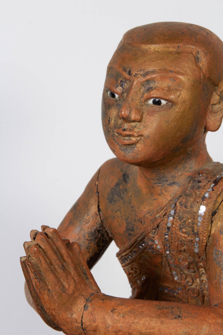 Serene Antique Praying Monk in Kneeling Position, from Burma For Sale ...