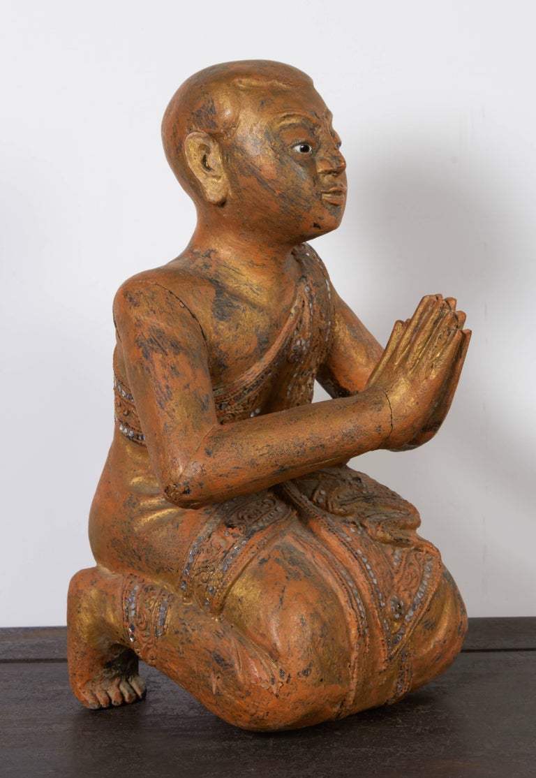 Serene Antique Praying Monk in Kneeling Position, from Burma For Sale ...