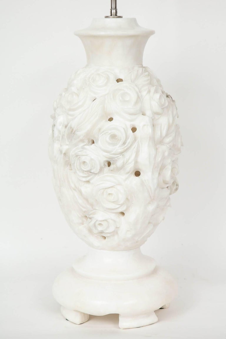 Large Italian Hand-Carved Alabaster Floral Lamps For Sale at 1stDibs