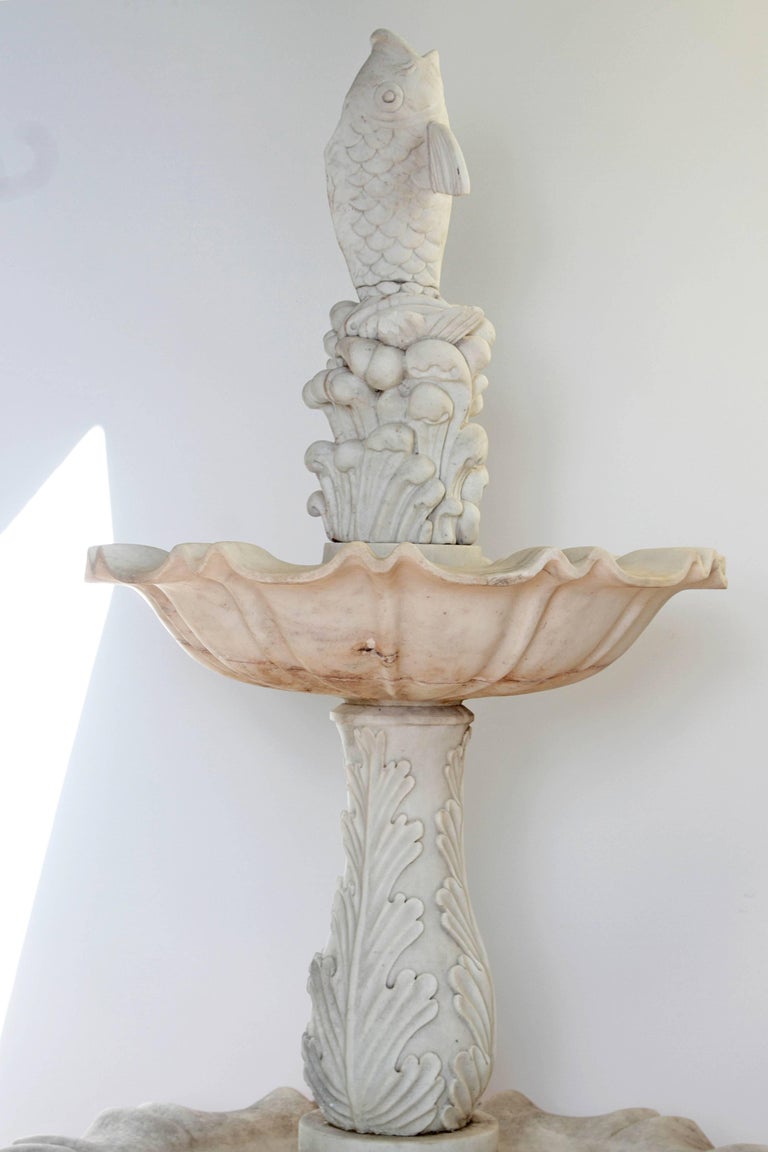 Two-Tiered Fountain of White Marble with Spitting Fish / Carp at 1stDibs