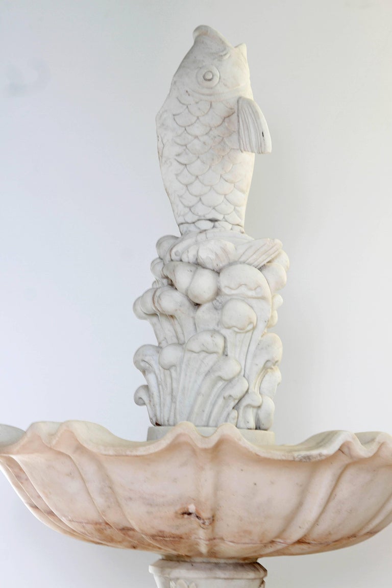 Two-Tiered Fountain of White Marble with Spitting Fish / Carp at 1stDibs