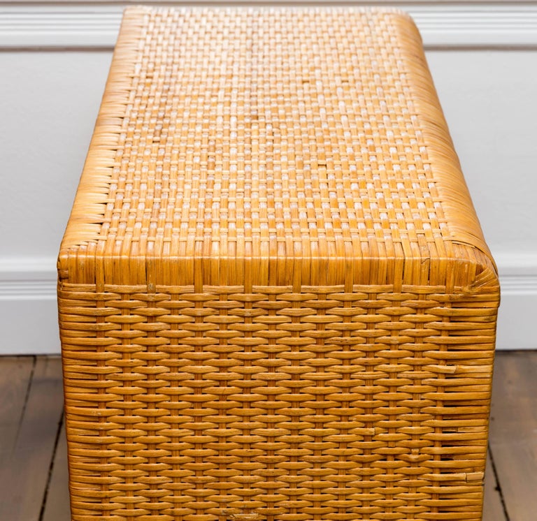 Pair of Rattan Cabinets with Interior Glass Shelf and Brass Detail at ...