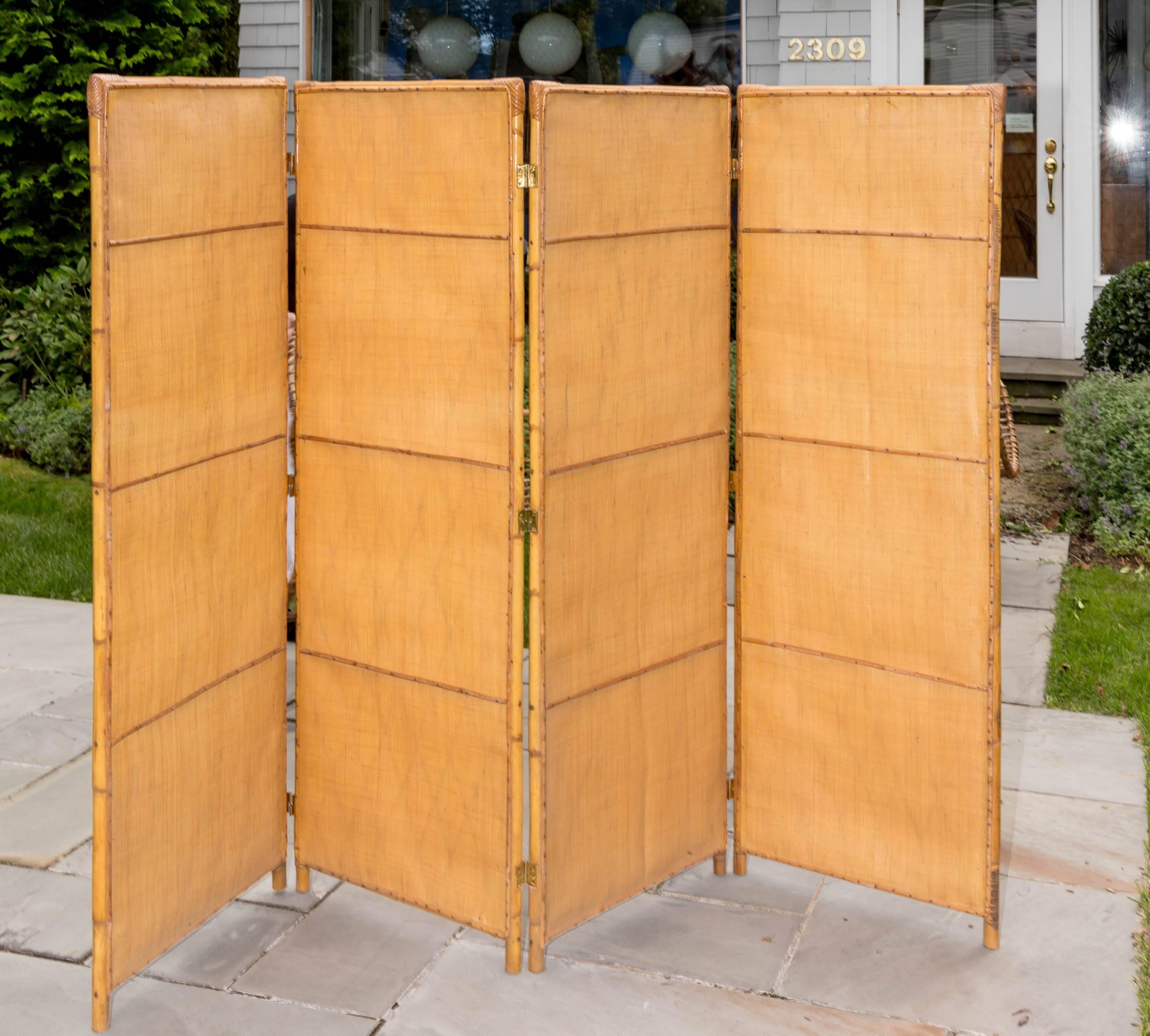 Four-Panel Rattan Screen with Inserted Woven Grass Panels for Privacy ...