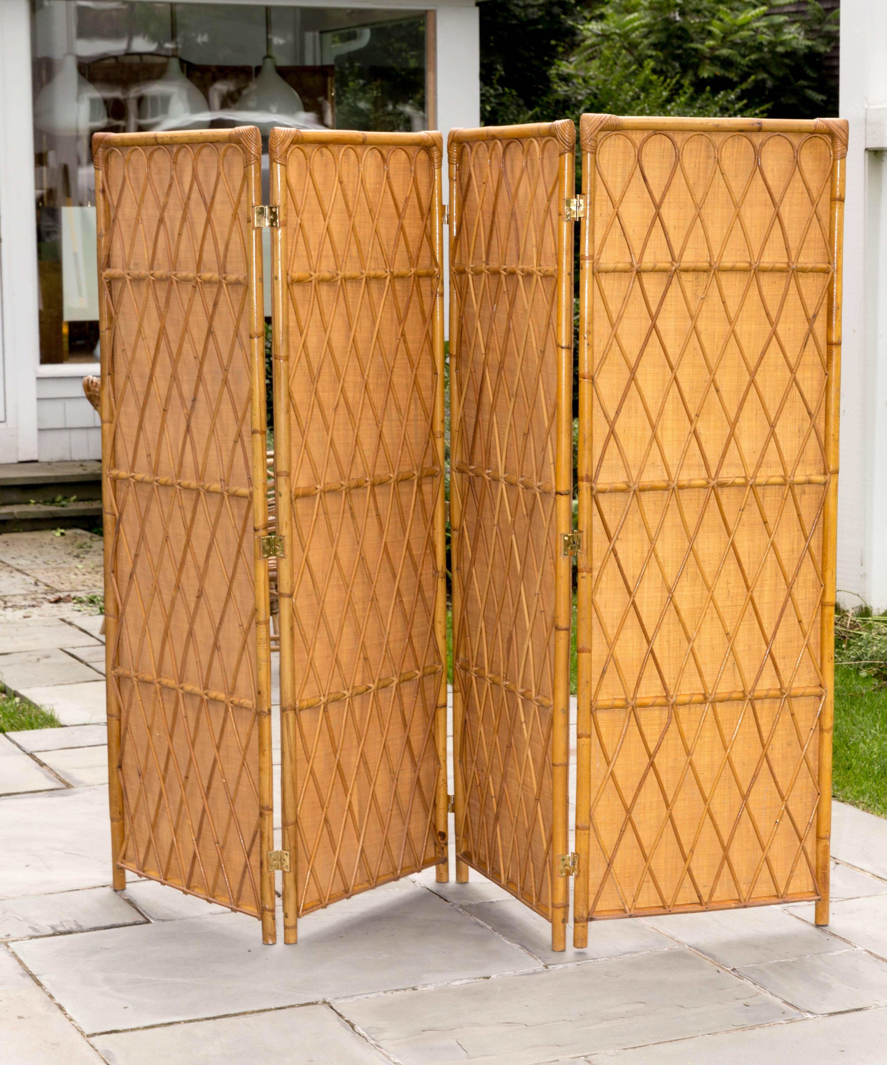 Four-Panel Rattan Screen with Inserted Woven Grass Panels for Privacy ...