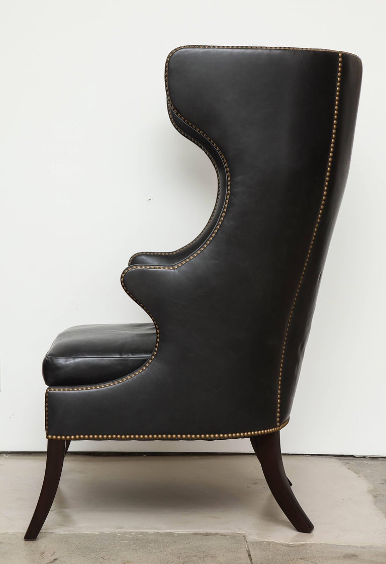High Back Leather Chair with Mahogany, circa 1980 For Sale at 1stDibs