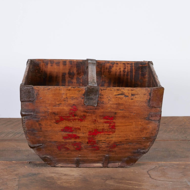 Antique Chinese Rice Measure Basket with Great Patina and Faded Red ...