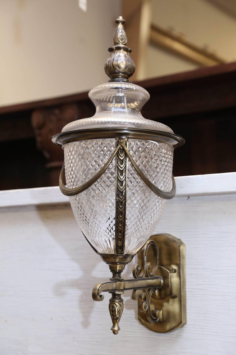 Pair of Hand-Cut Crystal Glass Wall Sconces with Cast Brass Trims For ...