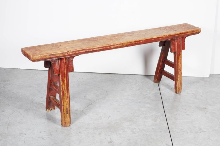 Classic Antique Chinese Two Person Bench with Old Paint For Sale at 1stDibs