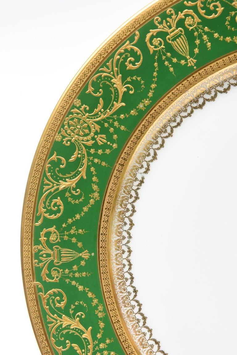 12 Antique French Rich Green and Heavily Gilded Dinner Plates ...