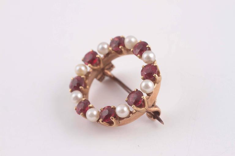 Edwardian Natural Spinel Pearl Gold Circle Pin at 1stDibs