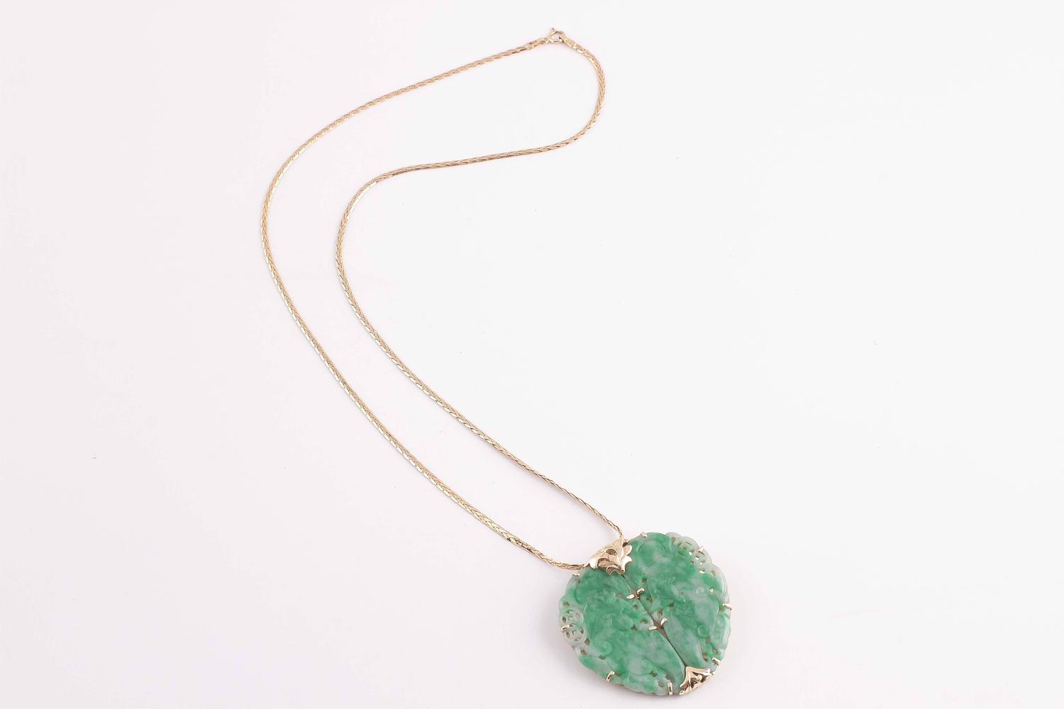 Mid Century Jade Pin Pendant with Gold Chain For Sale at 1stdibs