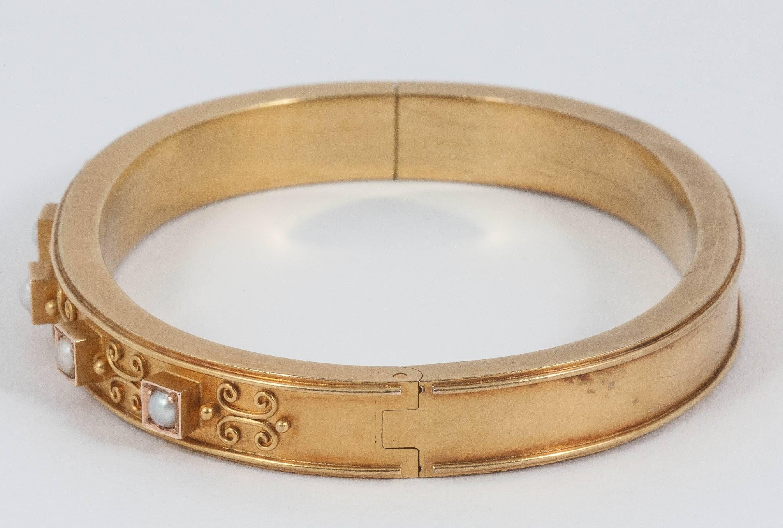 Russian Pearl Gold Bangle Bracelet For Sale at 1stDibs