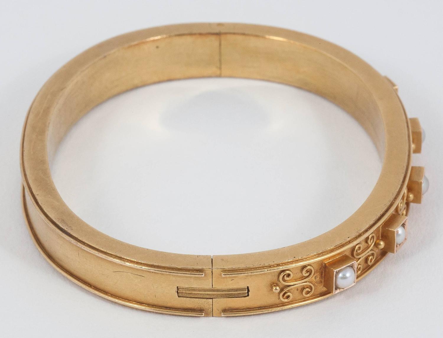 Russian Pearl Gold Bangle Bracelet For Sale at 1stdibs
