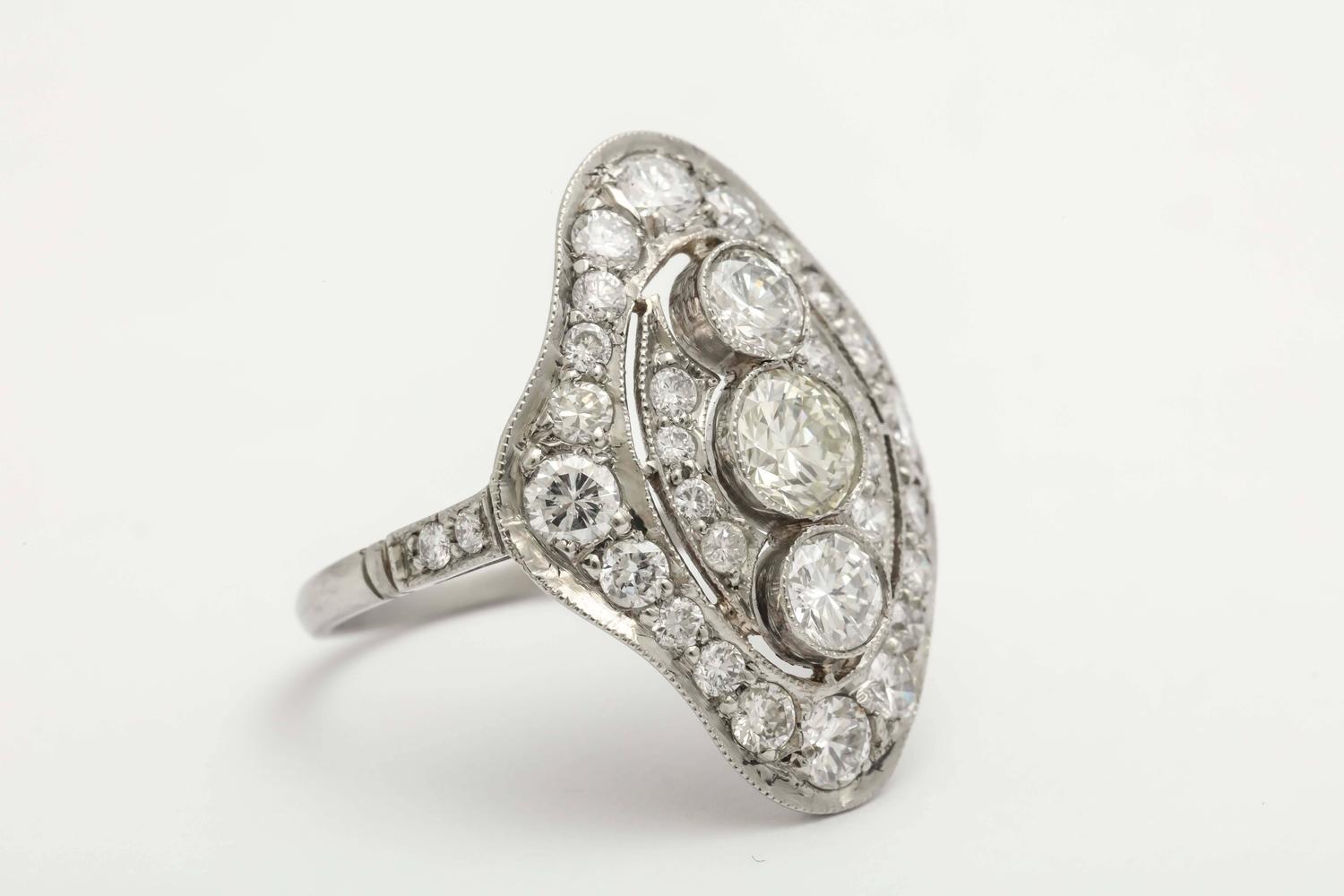1940s Diamond Platinum Oblong Shaped Dinner Ring For Sale at 1stdibs