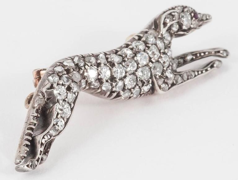 1870s Victorian Old Cut and Rose Cut Diamond Racing Greyhound Brooch at ...