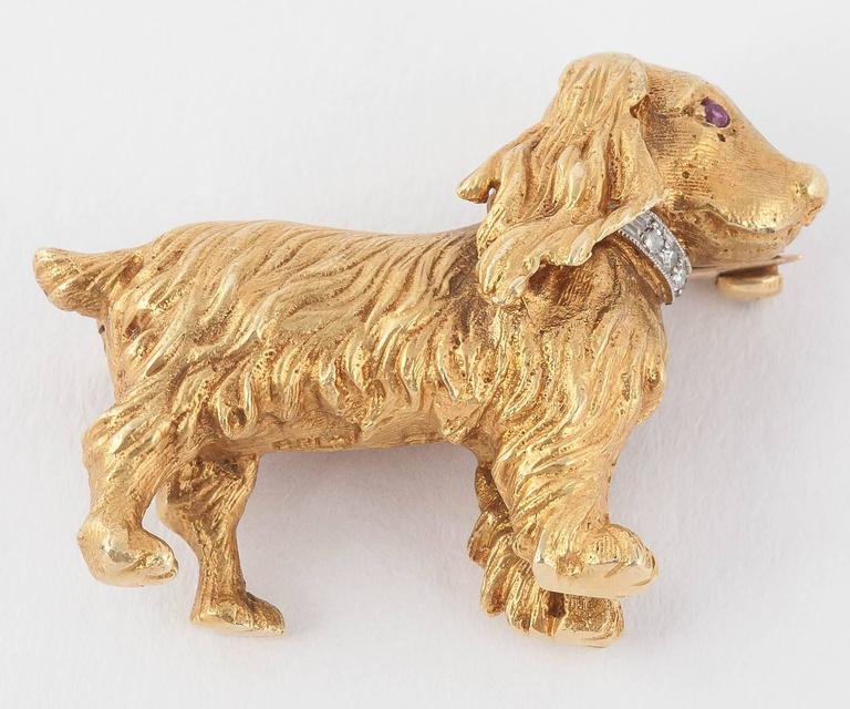 Ruby Diamond Gold Spaniel Dog Brooch For Sale at 1stDibs