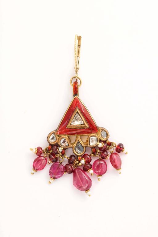 Exotic Enamel Ruby Spinel Gold Indian Dangle Earring at 1stDibs