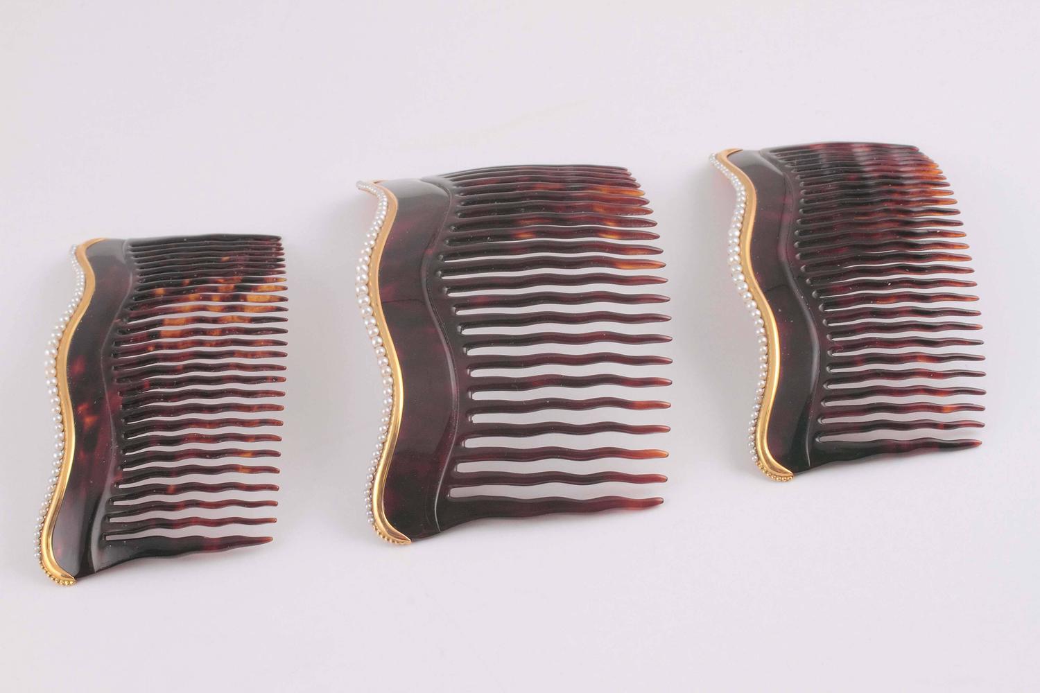 Trio of Edwardian Natural Pearl Tortoiseshell Gold Combs For Sale at ...