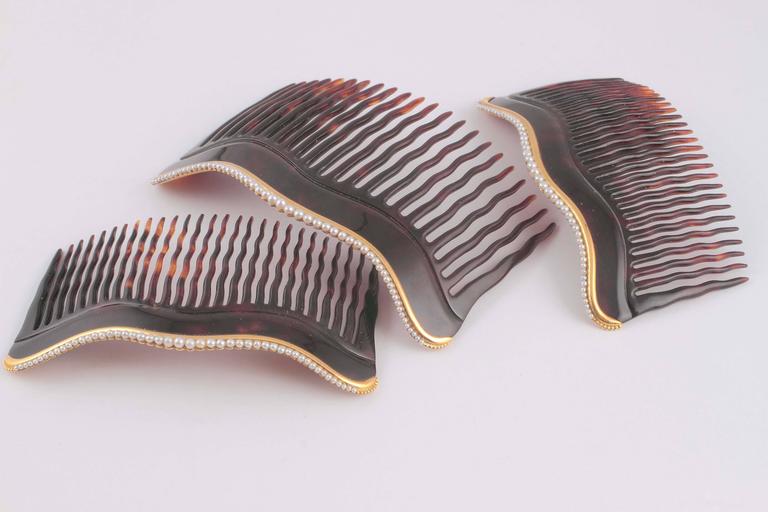 Trio of Edwardian Natural Pearl Tortoiseshell Gold Combs at 1stDibs