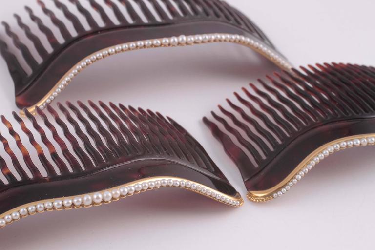 Trio of Edwardian Natural Pearl Tortoiseshell Gold Combs at 1stDibs