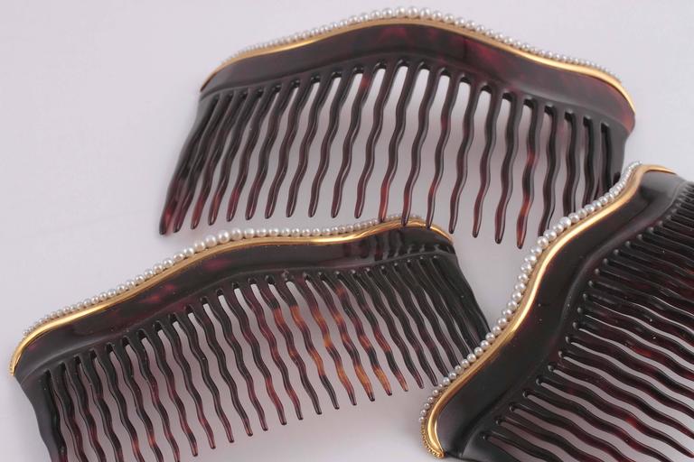 Trio of Edwardian Natural Pearl Tortoiseshell Gold Combs at 1stDibs